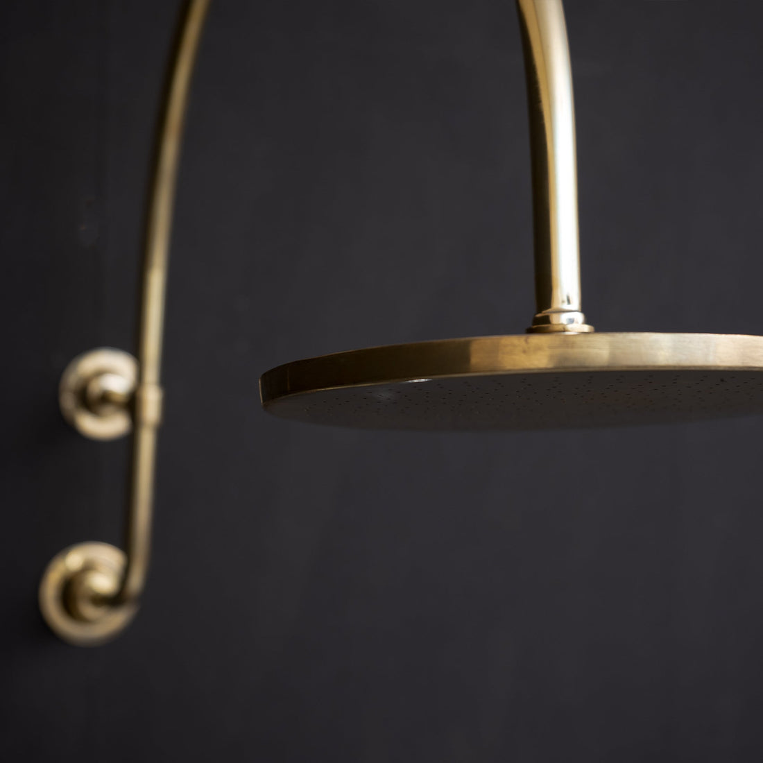 Handcrafted unlacquered brass shower Head With Curved Arm - Brassna