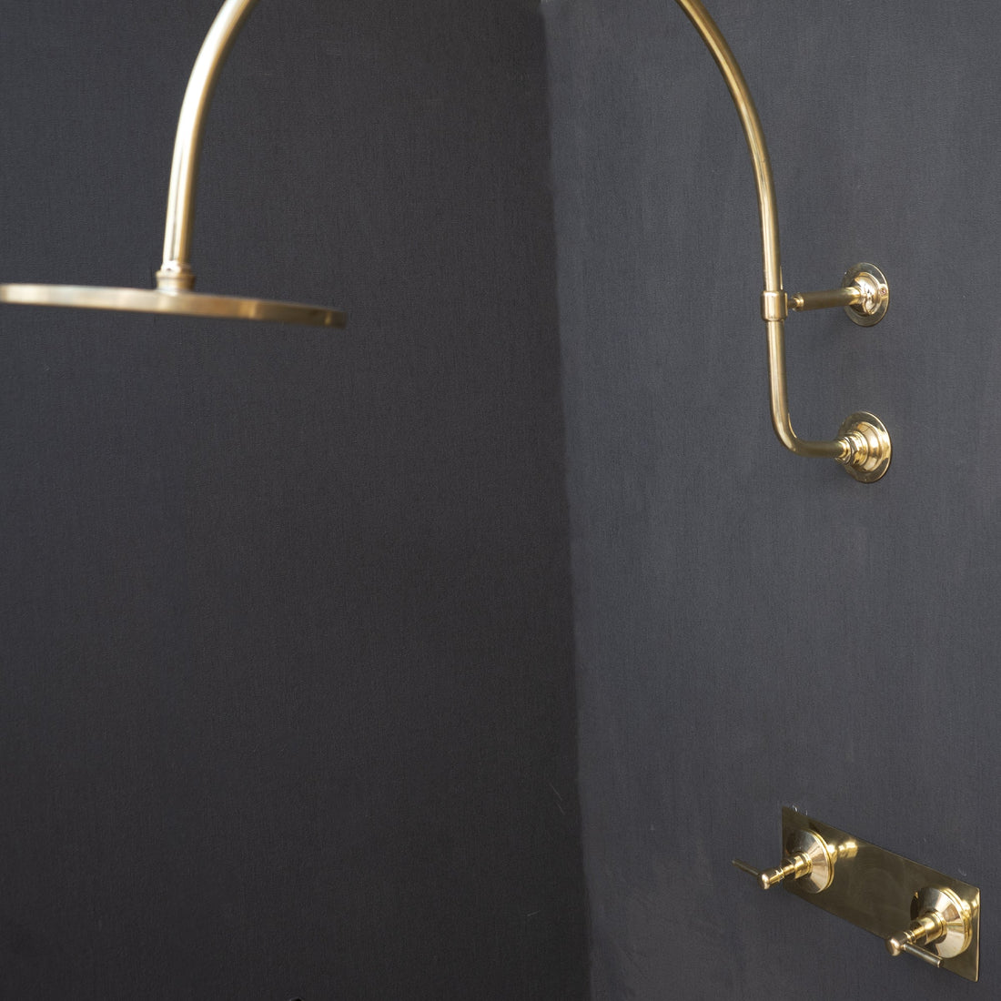 Handcrafted unlacquered brass shower Head With Curved Arm - Brassna