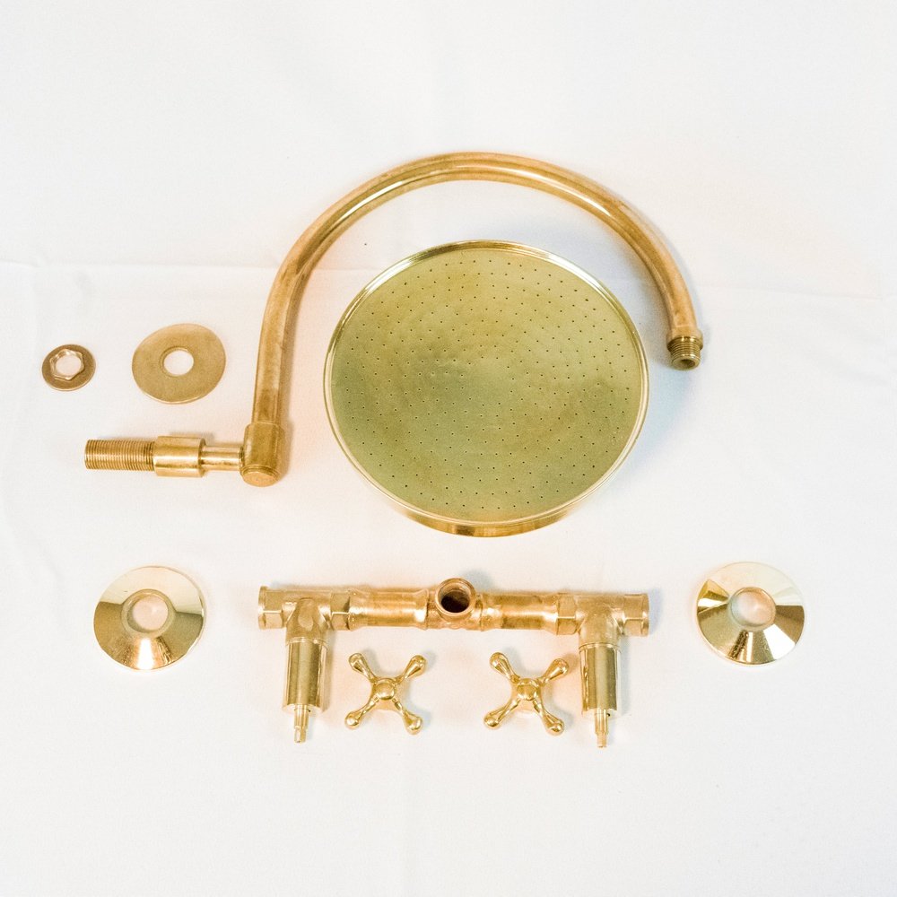 Handcrafted unlacquered brass shower system - Brassna