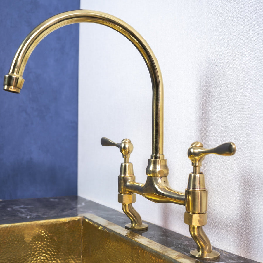 Unlacquered Brass Curved Legs Bridge Faucet - Brassna